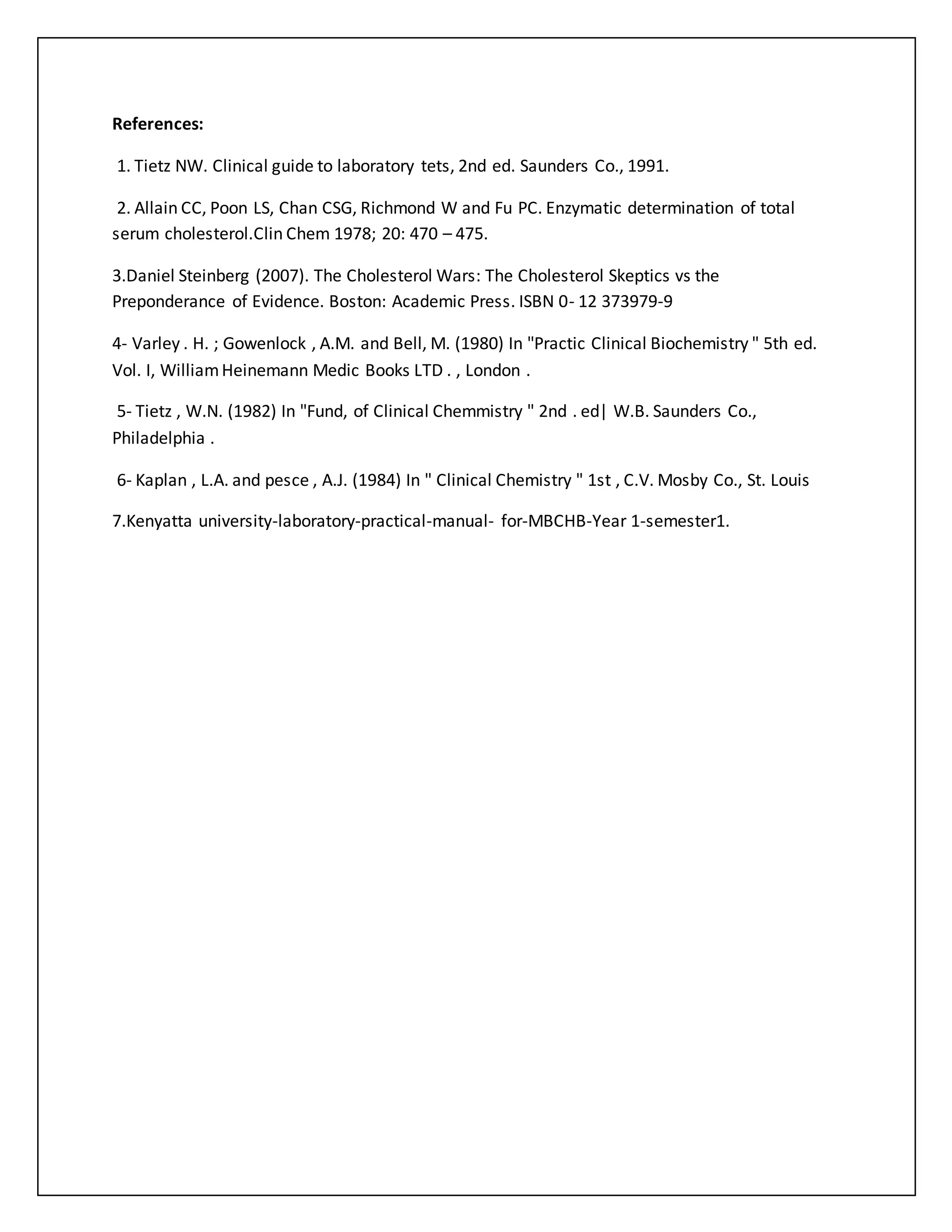 Kenyatta university cholesterol level lab report. | DOCX