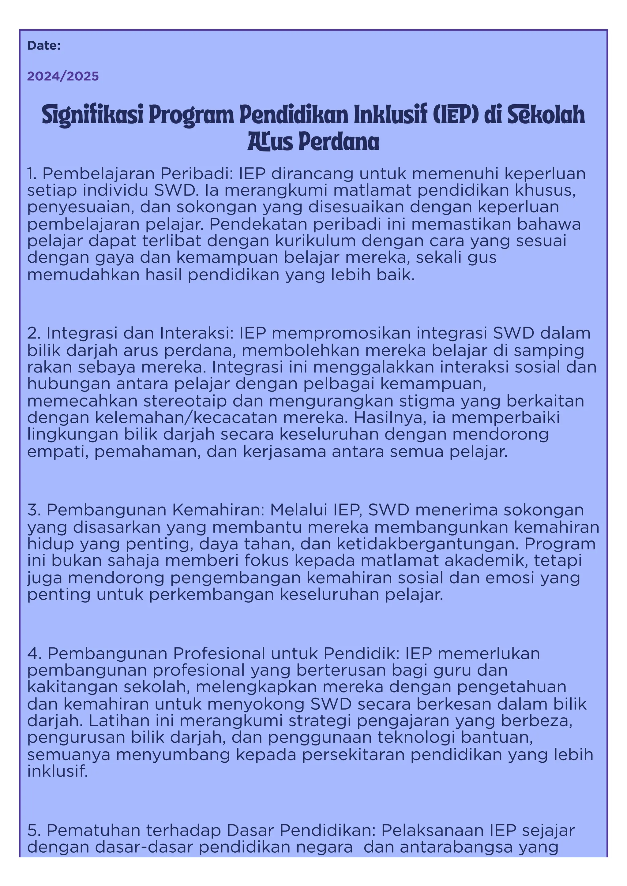 kepentingan Program Pendidikan Inklusif (IEP) di sekolah aliran perdana ...