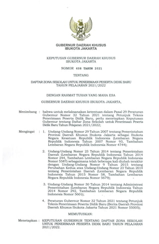 Kepgub no. 608 tahun 2021 daftar zona sekolah pada ppdb 2021 | PDF