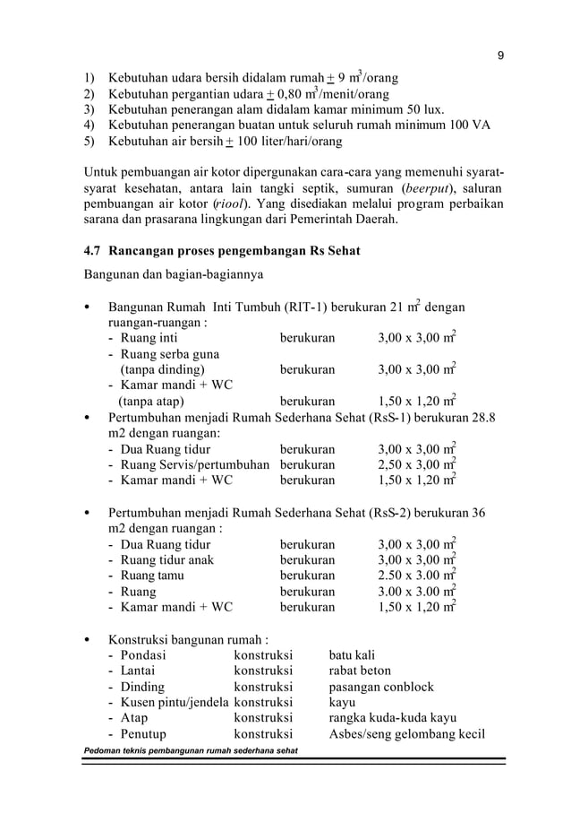 PEDOMAN TEKNIS PEMBANGUNAN RUMAH SEDERHANA SEHAT (Rs SEHAT) - 403/KPTS/M/2002 | PDF