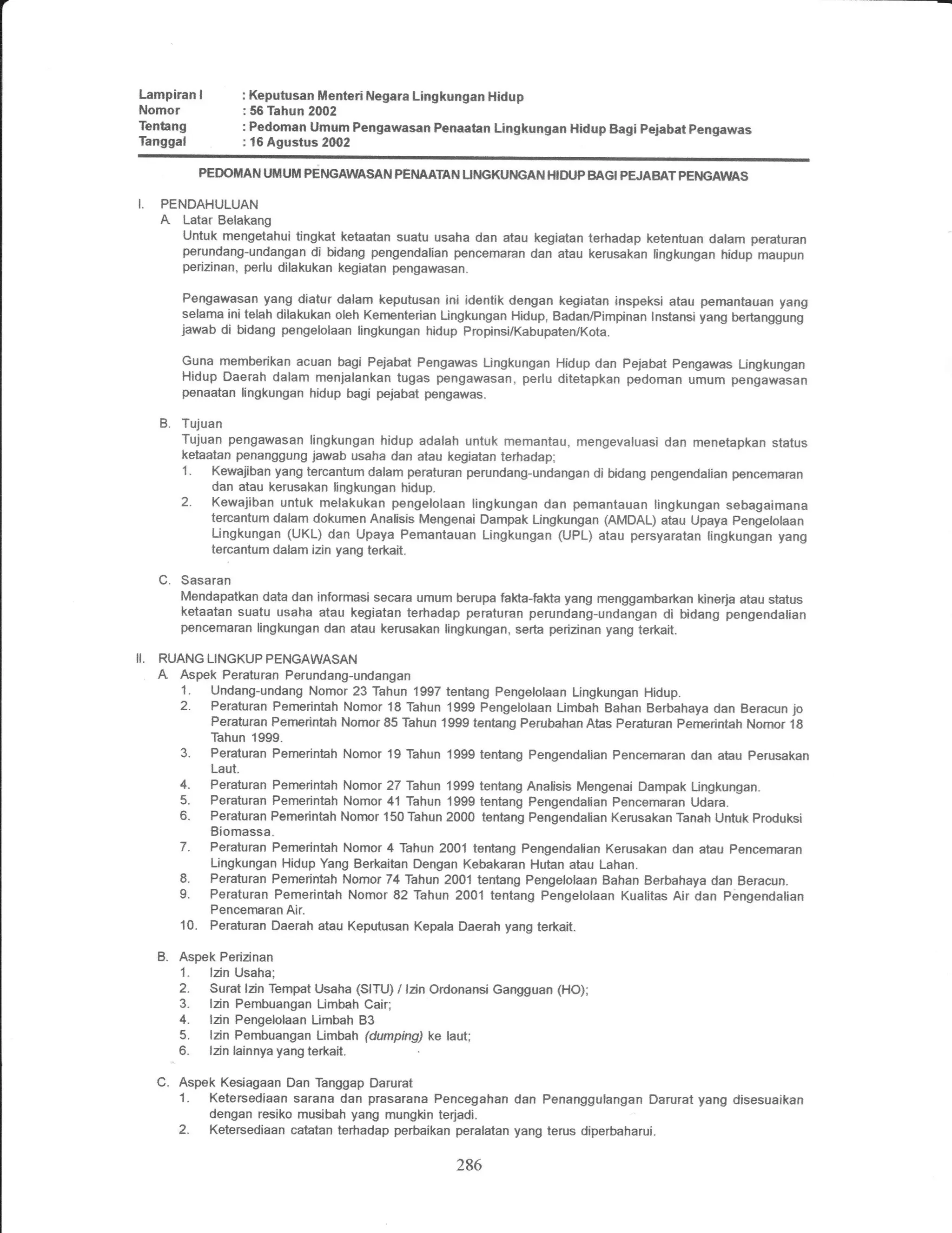 Kepmen LH Nomor 56 tahun 2002 tentang Pedoman Umum PPLH | PDF