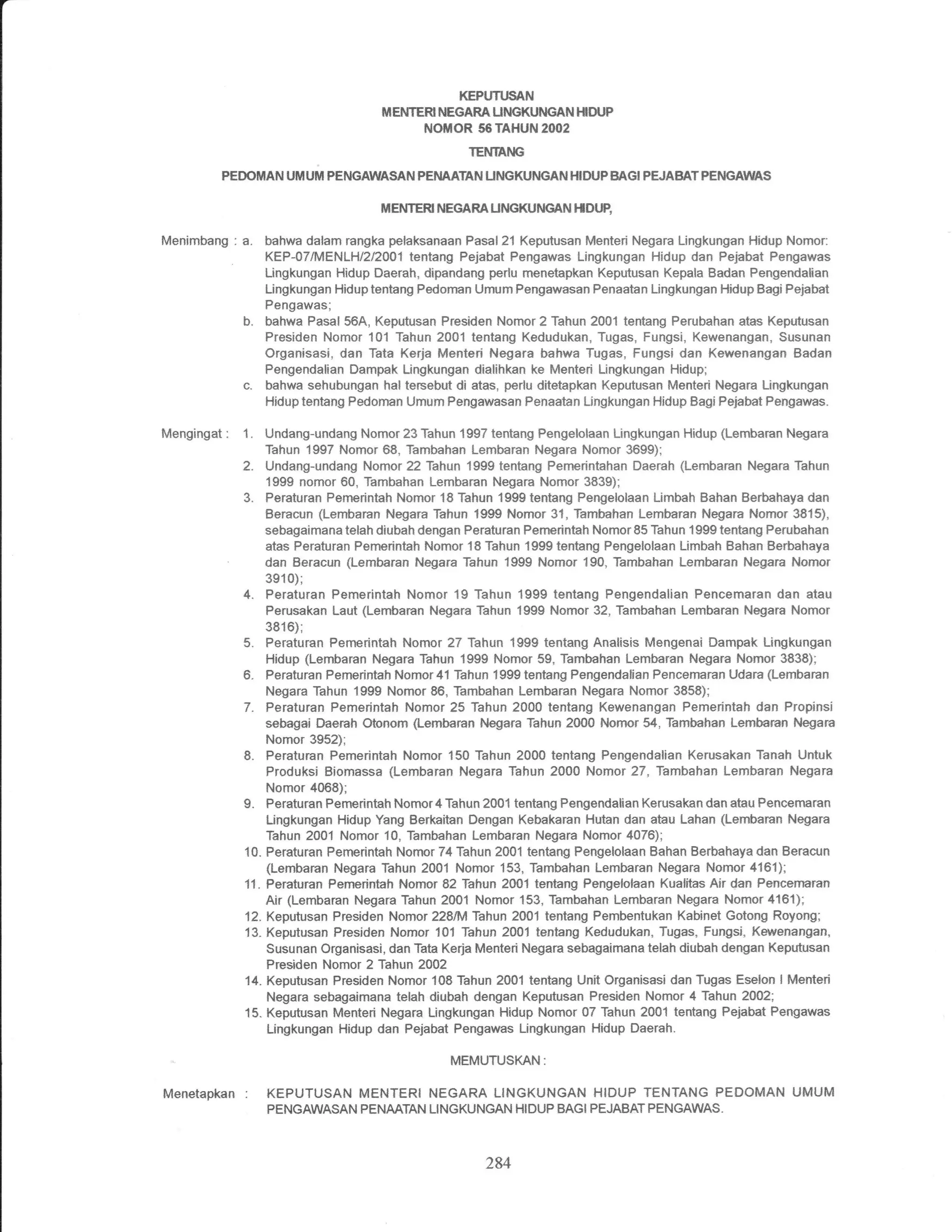 Kepmen LH Nomor 56 tahun 2002 tentang Pedoman Umum PPLH | PDF