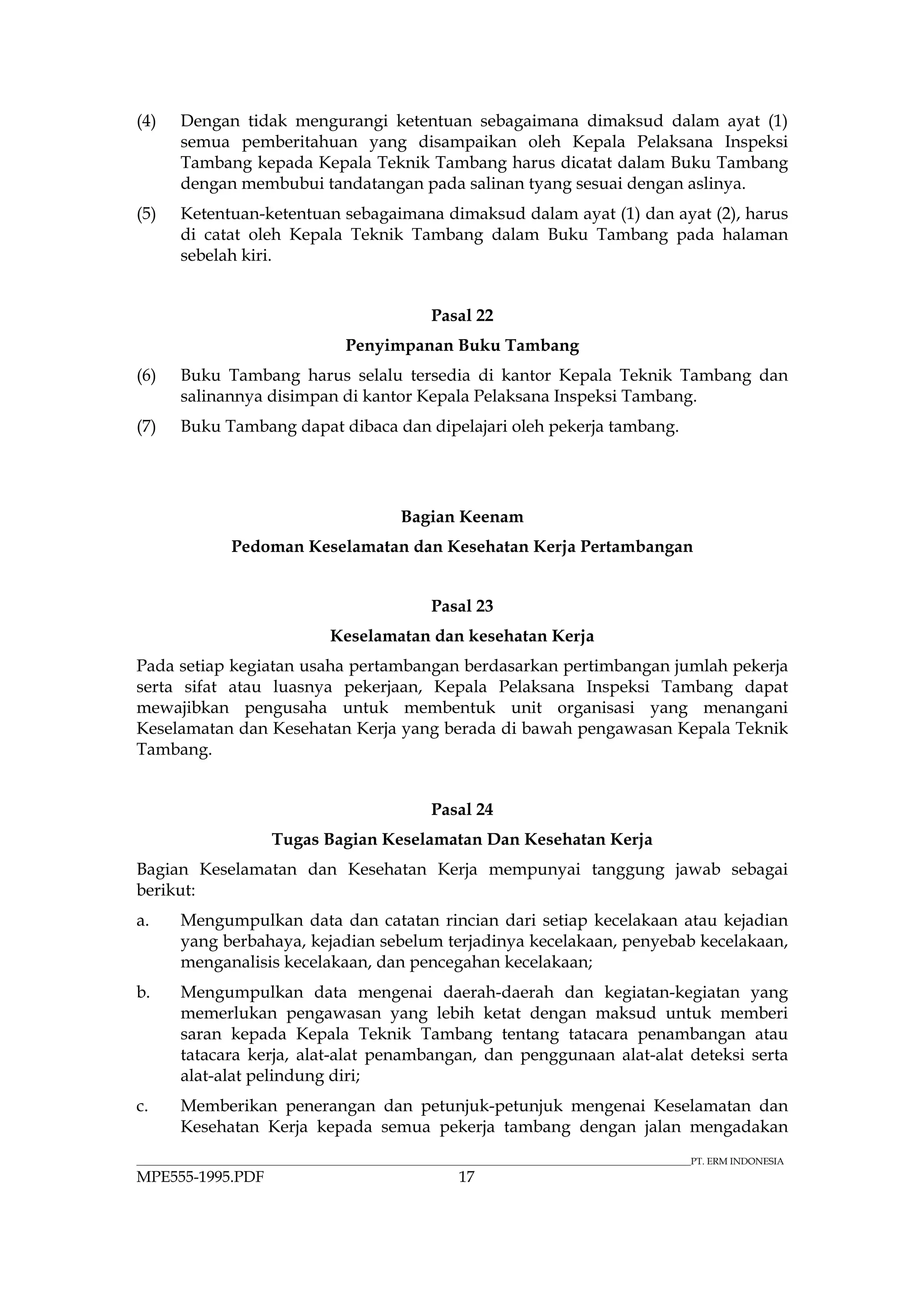 Kepmen mentamben 555k tahun 1995 keselamatan kesehatan kerja pertambangan umum | PDF