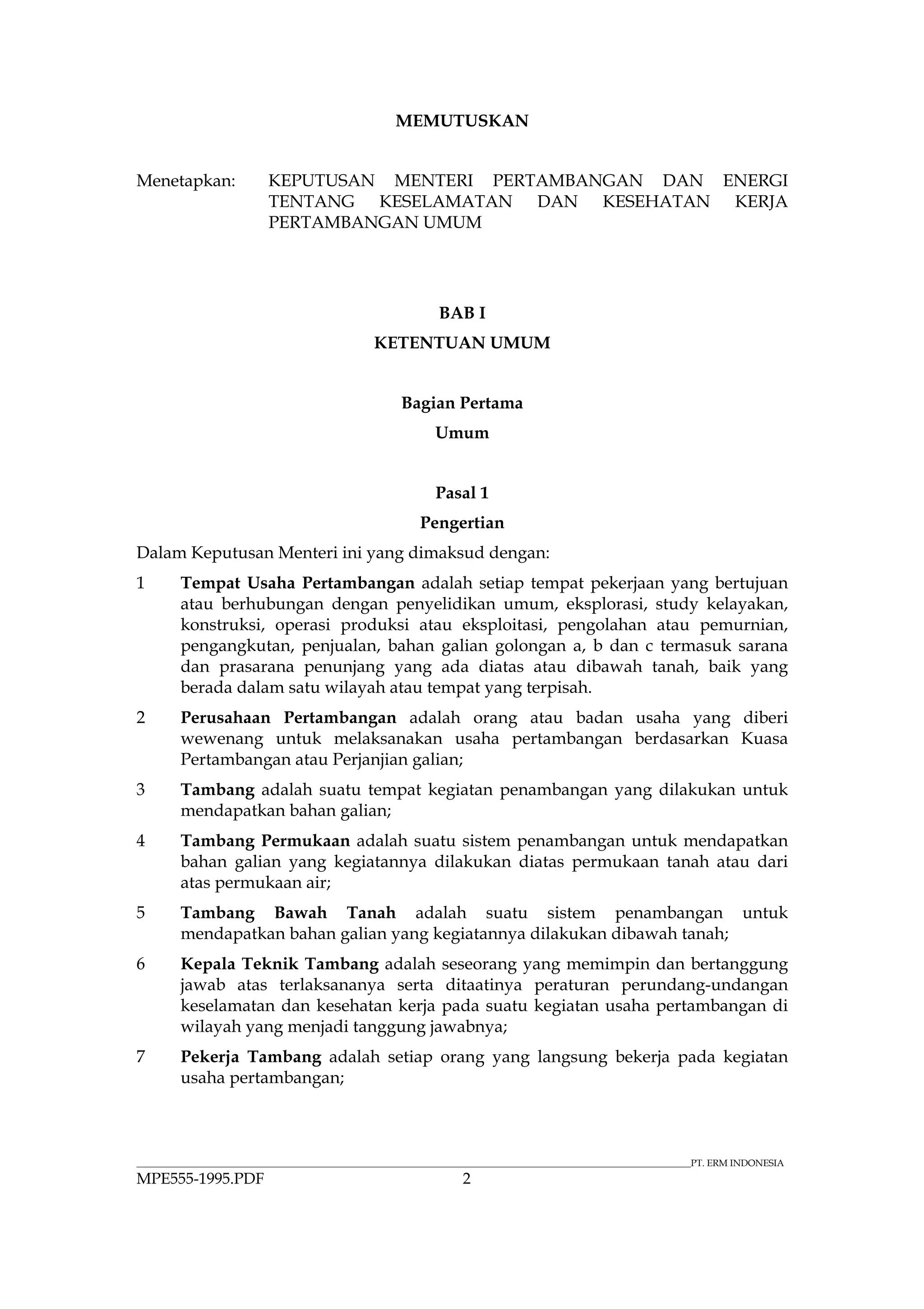 Kepmen mentamben 555k tahun 1995 keselamatan kesehatan kerja pertambangan umum | PDF