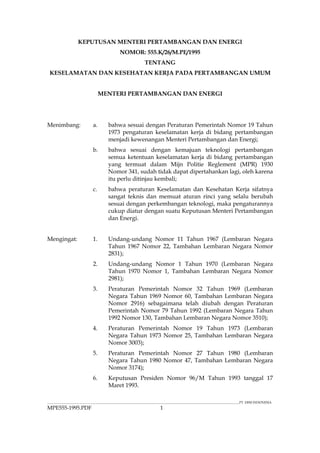 Kepmen mentamben 555k tahun 1995 keselamatan kesehatan kerja pertambangan umum | PDF