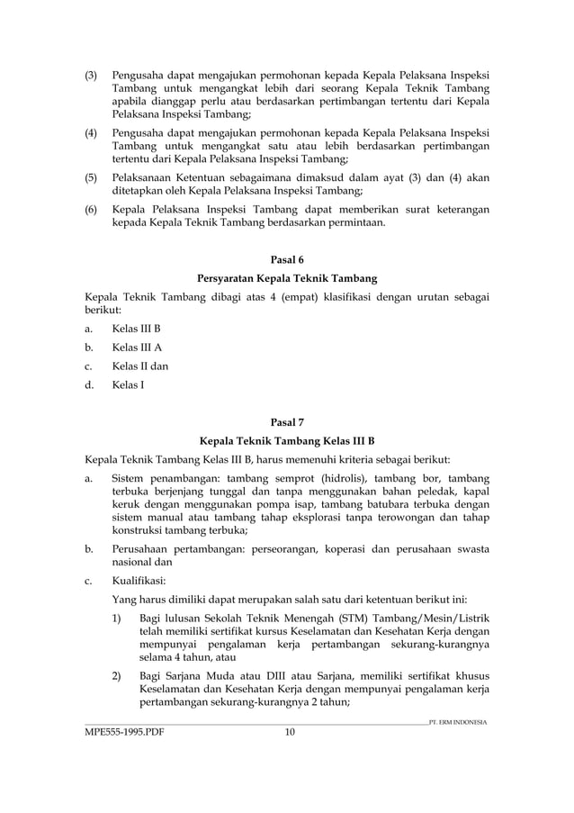 Kepmen mentamben 555k tahun 1995 keselamatan kesehatan kerja pertambangan umum | PDF
