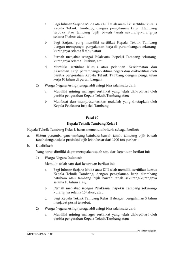Kepmen mentamben 555k tahun 1995 keselamatan kesehatan kerja pertambangan umum | PDF