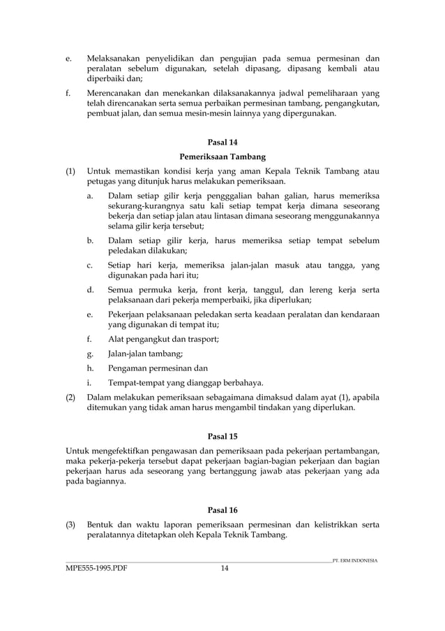 Kepmen mentamben 555k tahun 1995 keselamatan kesehatan kerja pertambangan umum | PDF