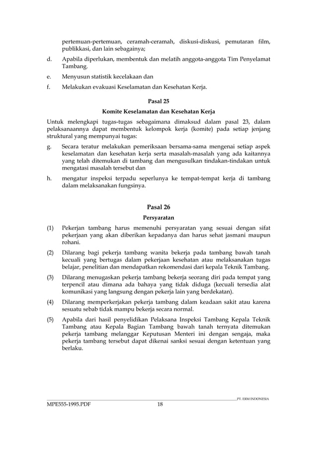 Kepmen mentamben 555k tahun 1995 keselamatan kesehatan kerja pertambangan umum | PDF