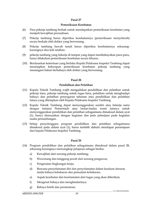 Kepmen mentamben 555k tahun 1995 keselamatan kesehatan kerja pertambangan umum | PDF