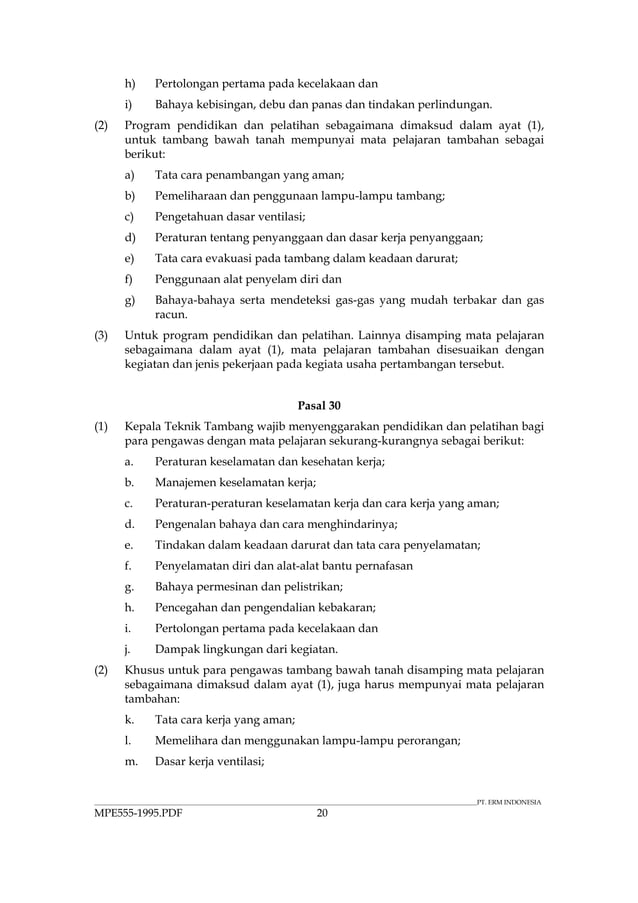 Kepmen mentamben 555k tahun 1995 keselamatan kesehatan kerja pertambangan umum | PDF