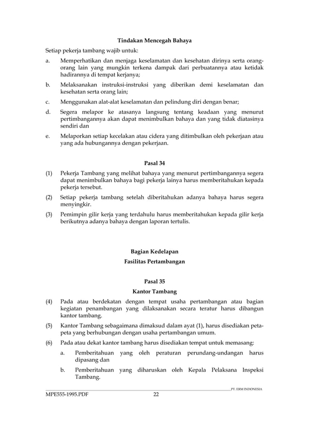 Kepmen mentamben 555k tahun 1995 keselamatan kesehatan kerja pertambangan umum | PDF