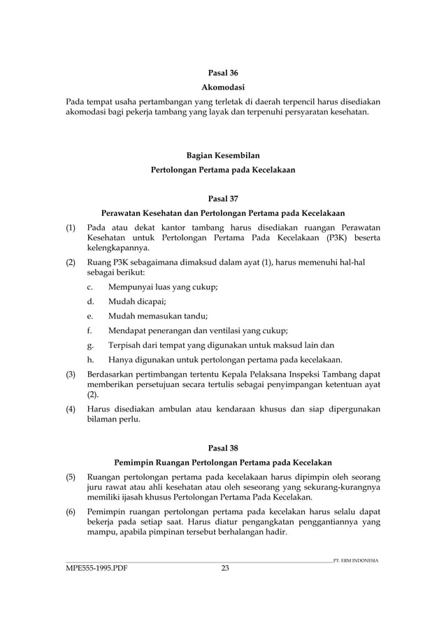 Kepmen mentamben 555k tahun 1995 keselamatan kesehatan kerja pertambangan umum | PDF