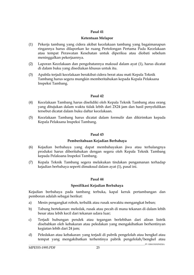 Kepmen mentamben 555k tahun 1995 keselamatan kesehatan kerja pertambangan umum | PDF