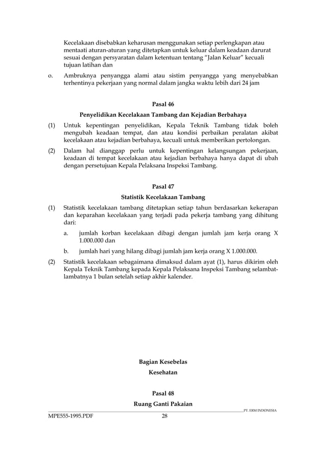 Kepmen mentamben 555k tahun 1995 keselamatan kesehatan kerja pertambangan umum | PDF