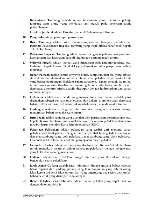 Kepmen mentamben 555k tahun 1995 keselamatan kesehatan kerja pertambangan umum | PDF