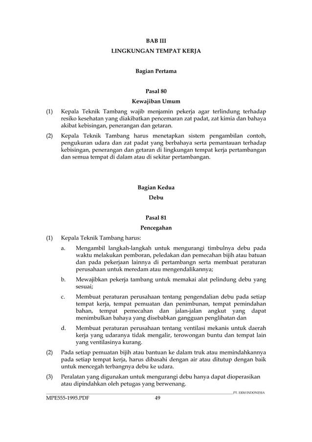 Kepmen mentamben 555k tahun 1995 keselamatan kesehatan kerja pertambangan umum | PDF