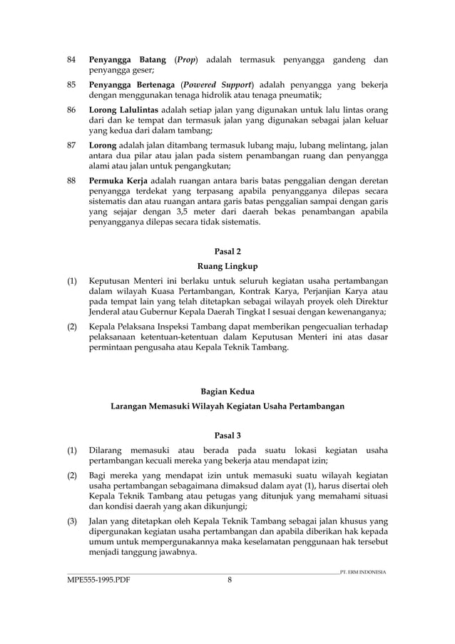 Kepmen mentamben 555k tahun 1995 keselamatan kesehatan kerja pertambangan umum | PDF