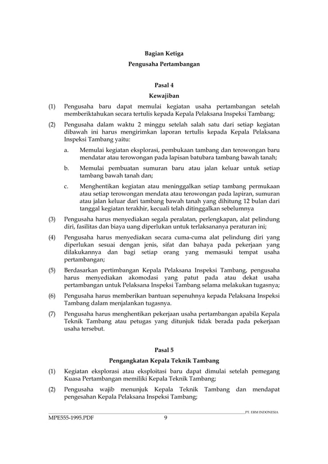 Kepmen mentamben 555k tahun 1995 keselamatan kesehatan kerja pertambangan umum | PDF