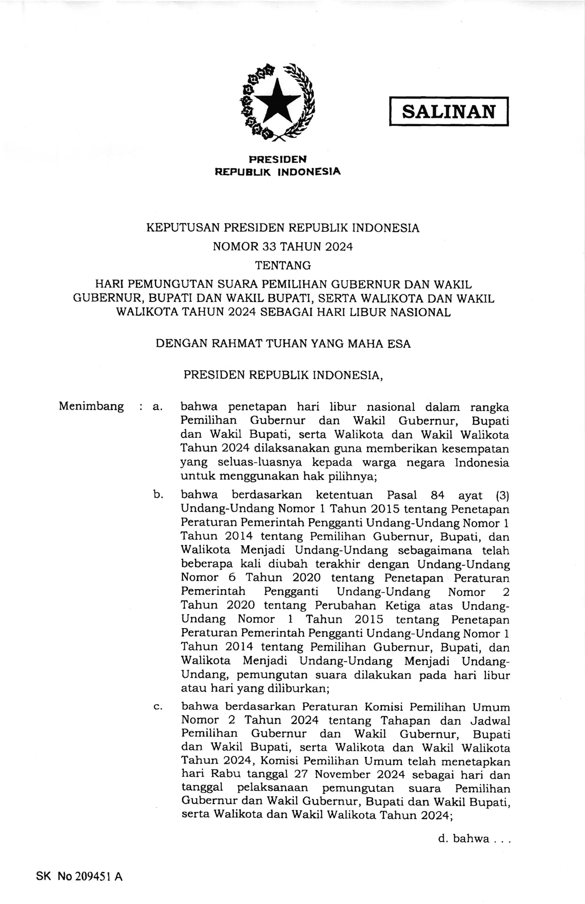 KepPres No 33 Tahun 2024 ttg Hari Pemungutan Suara Pemilu 27 Nov 2024.pdf