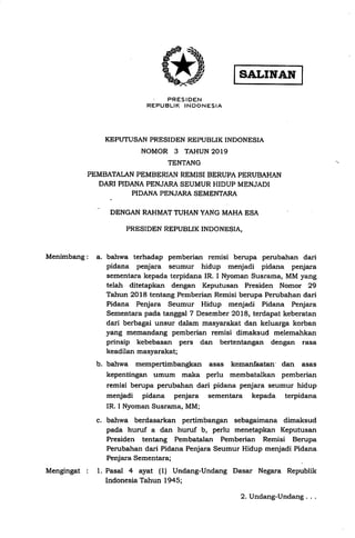 Kepres nomor 3 tahun 2019 tentang pembatalan remisi pembunuh wartawan | PDF