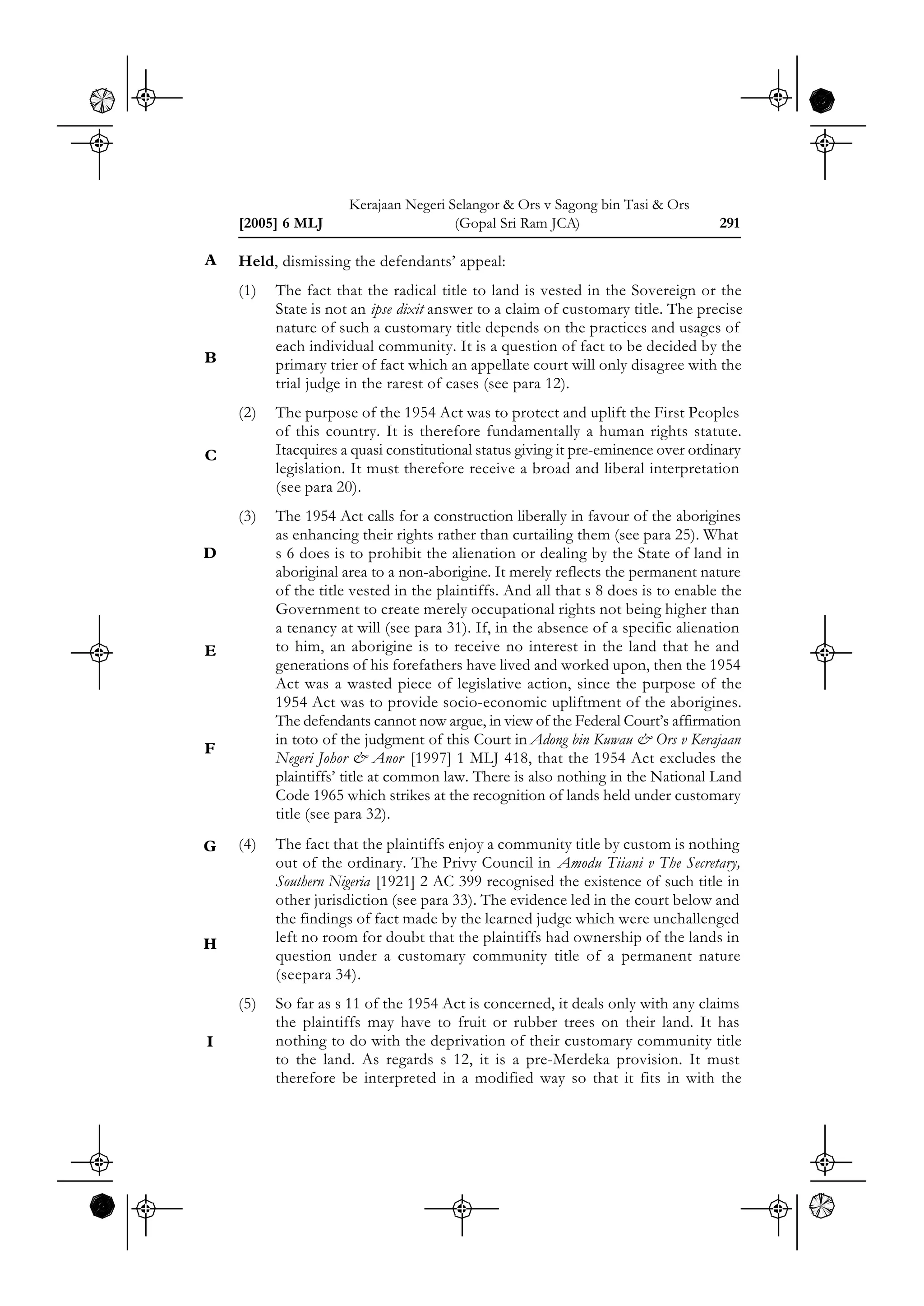 Kerajaan Negeri Selangor v Sagong Tasi & Ors [2005] 6 MLJ 289 | PDF
