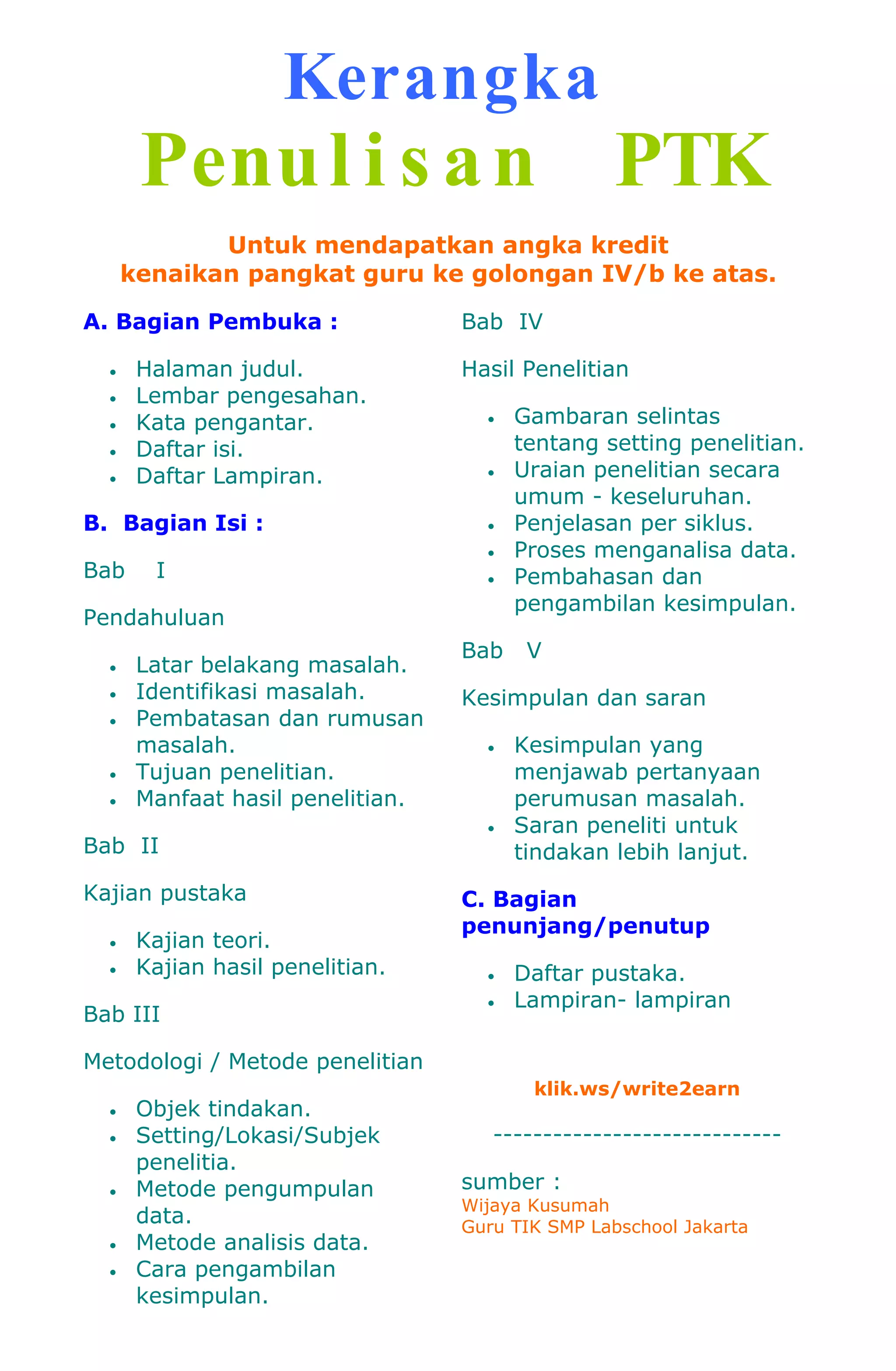Kerangka Penulisan PTK | PDF
