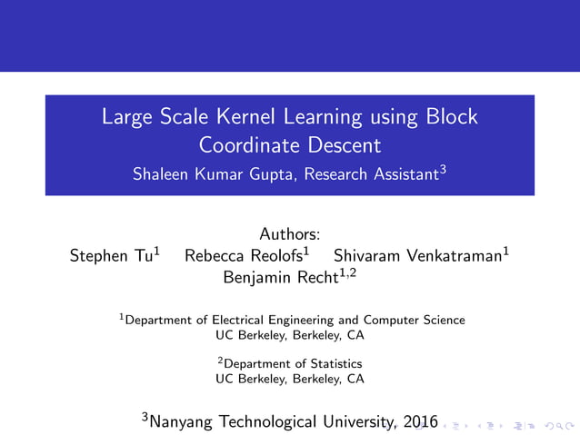 Large Scale Kernel Learning Using Block Coordinate Descent Ppt