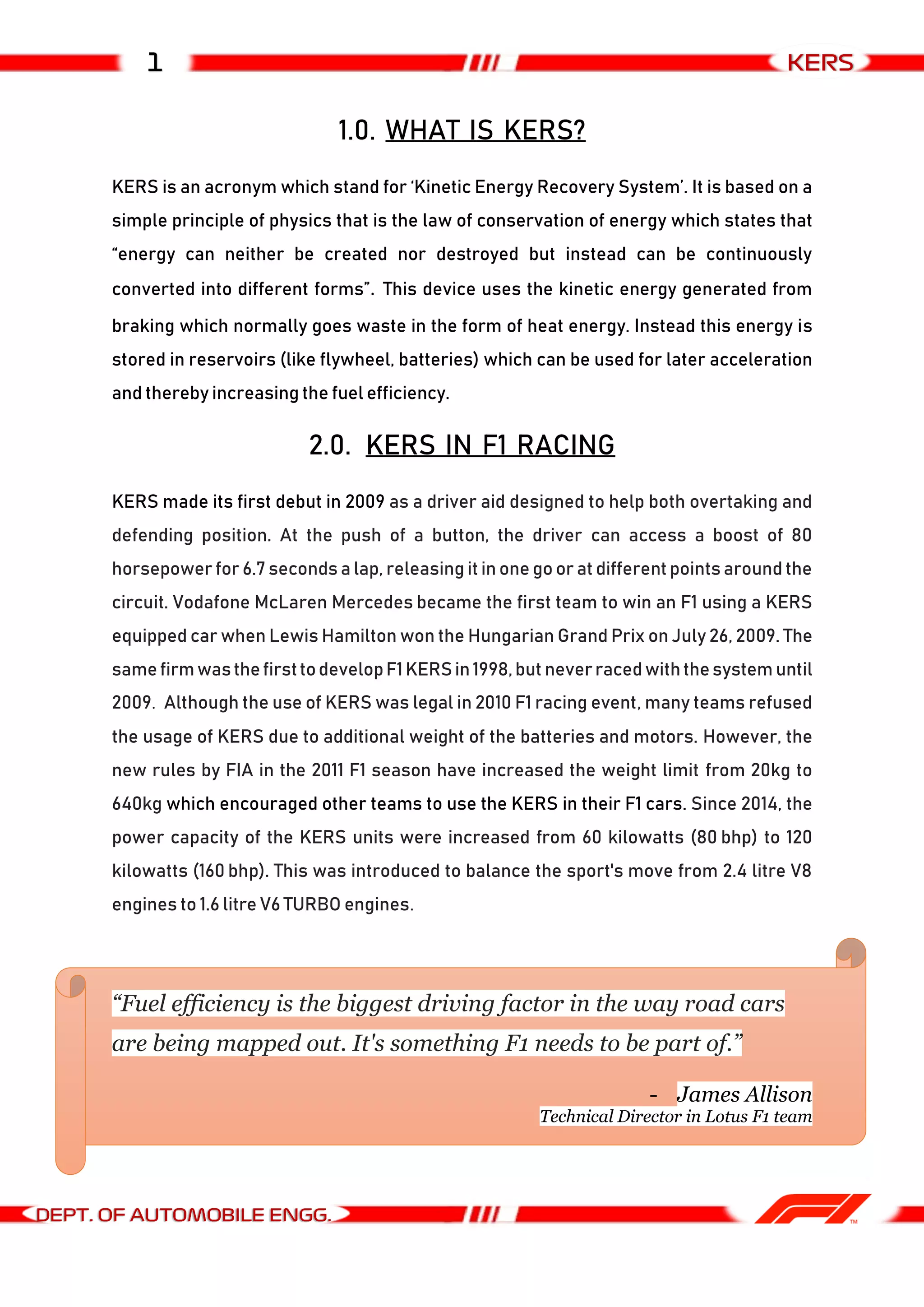 KERS ( Kinetic Energy Recovery system) | PDF