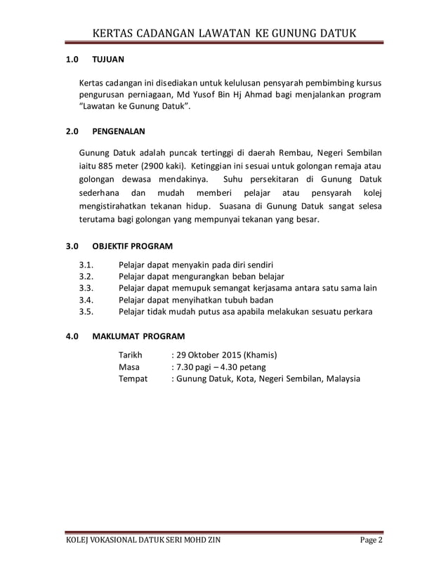 Kertas cadangan melawat ke gunung datuk | PDF