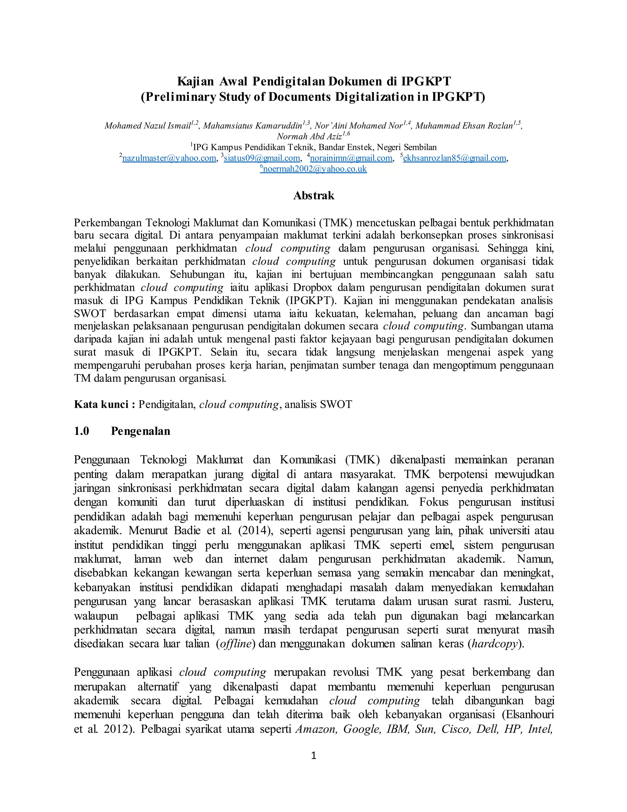 Kajian Awal Pendigitalan Dokumen di IPGKPT | DOCX