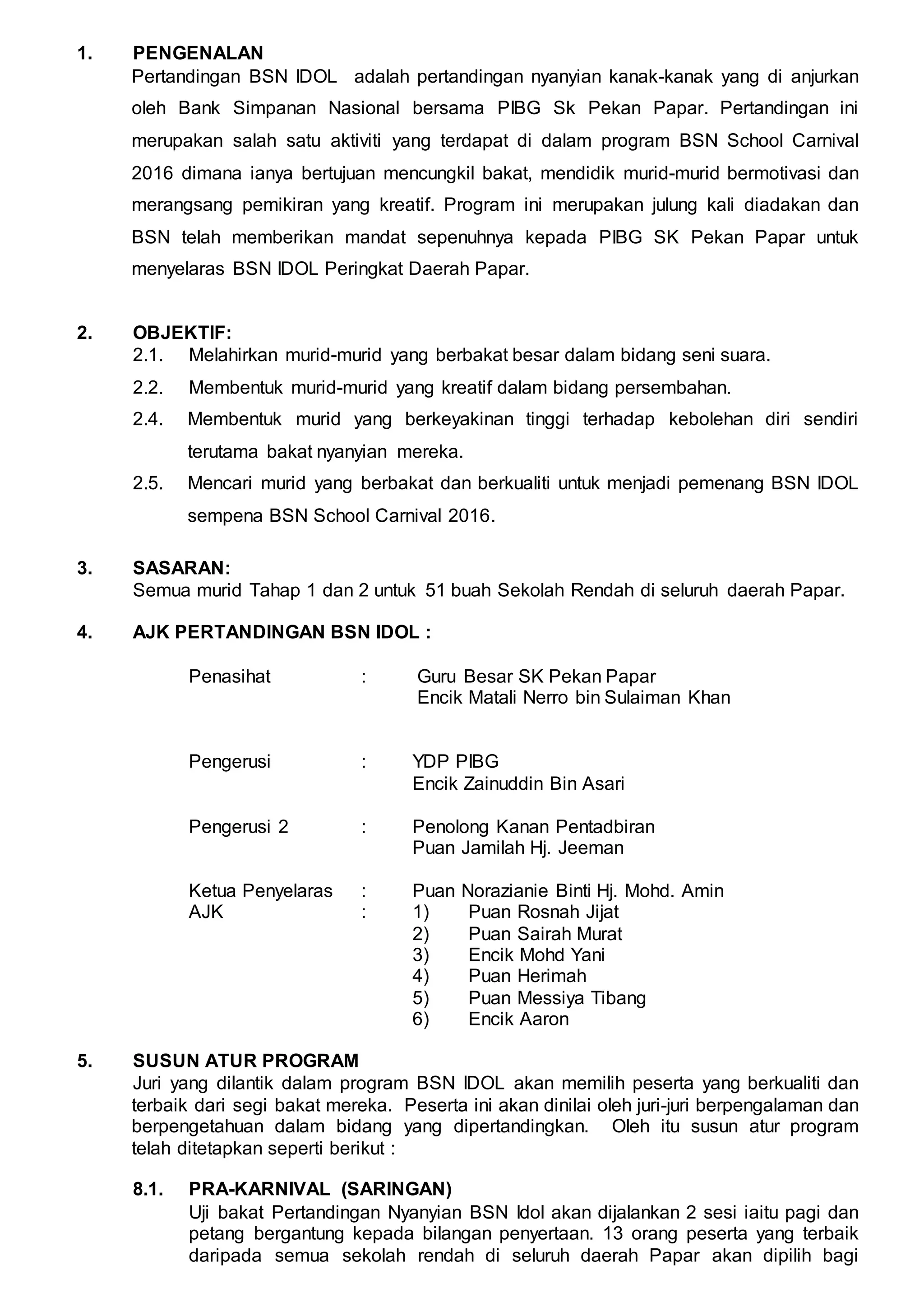 Kertas kerja bsn idol | DOCX