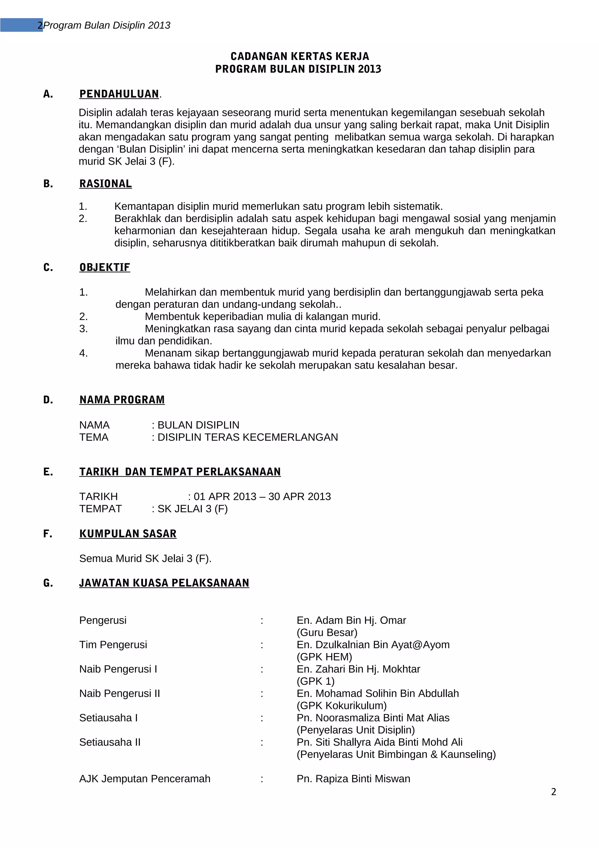 Kertas kerja bulan disiplin | DOC