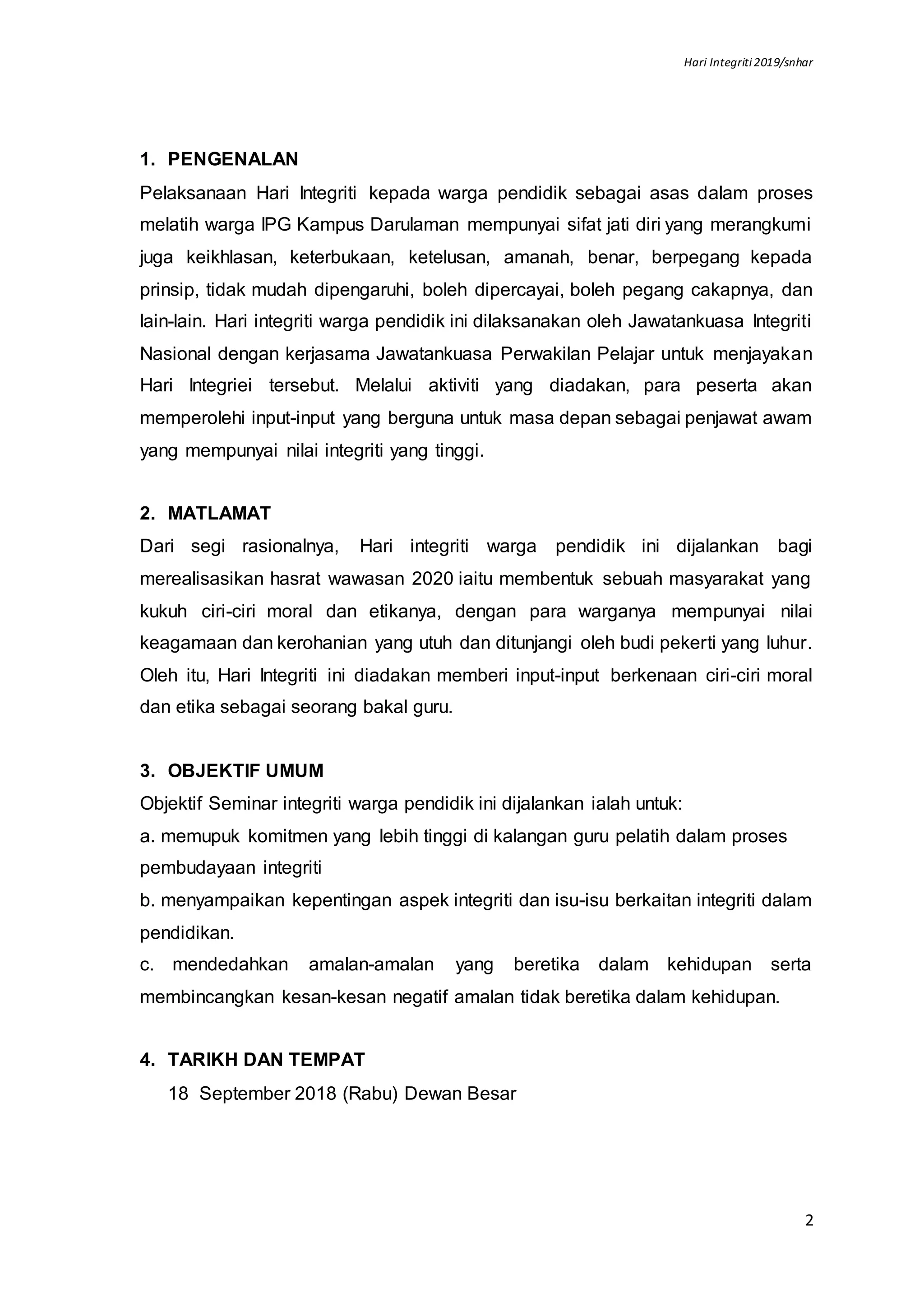 Kertas kerja integriti 2019 | DOCX