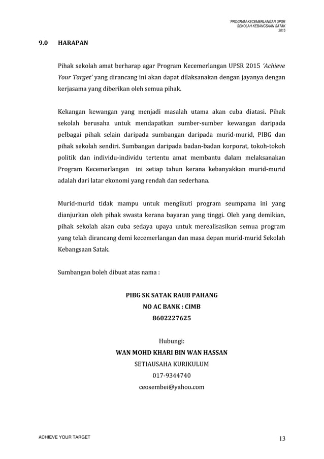 Kertas kerja kecemerlangan upsr sk satak 2015 - jakoa | DOC