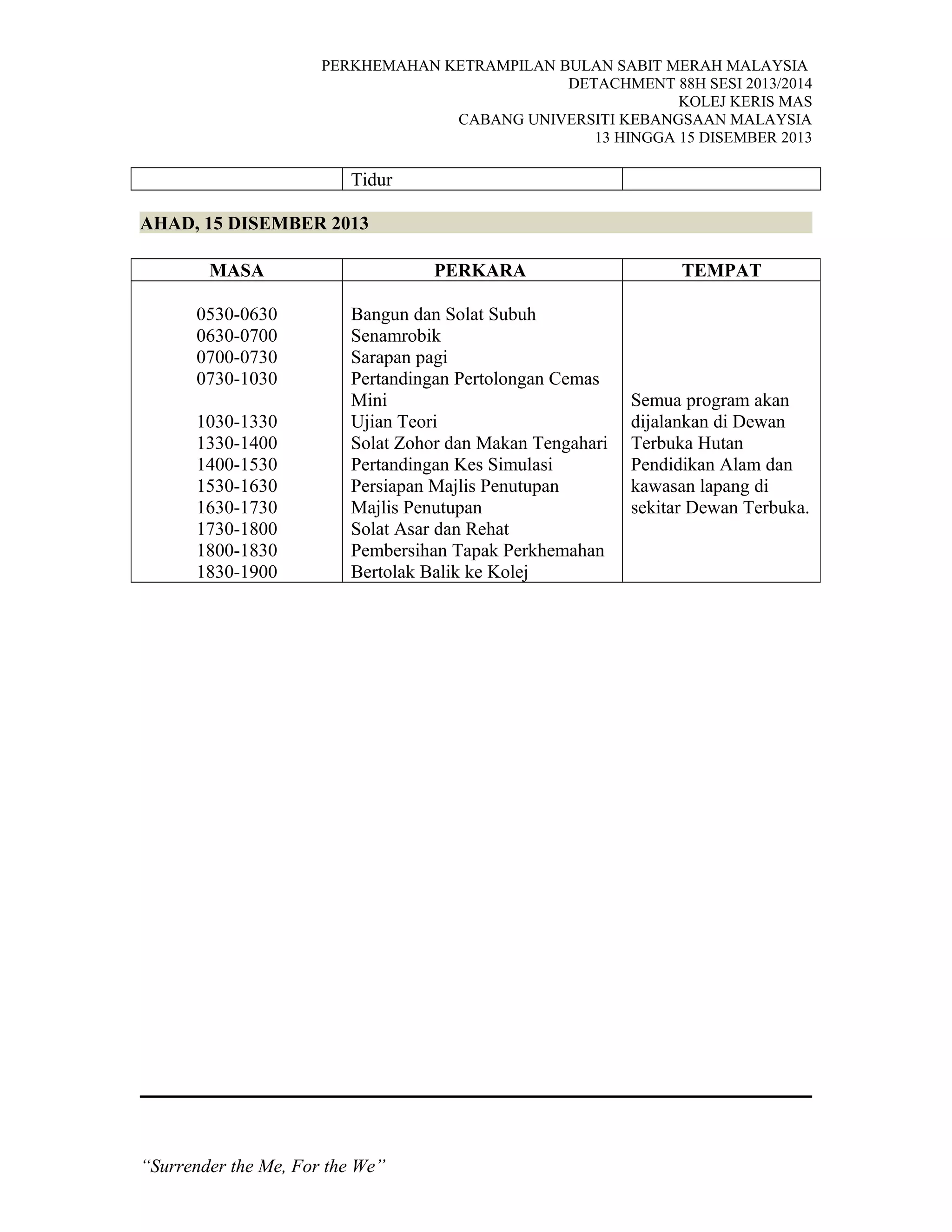 Kertas Kerja Kem Ketrampilan BSMM Kolej Keris Mas sesi 2013/14 | DOC