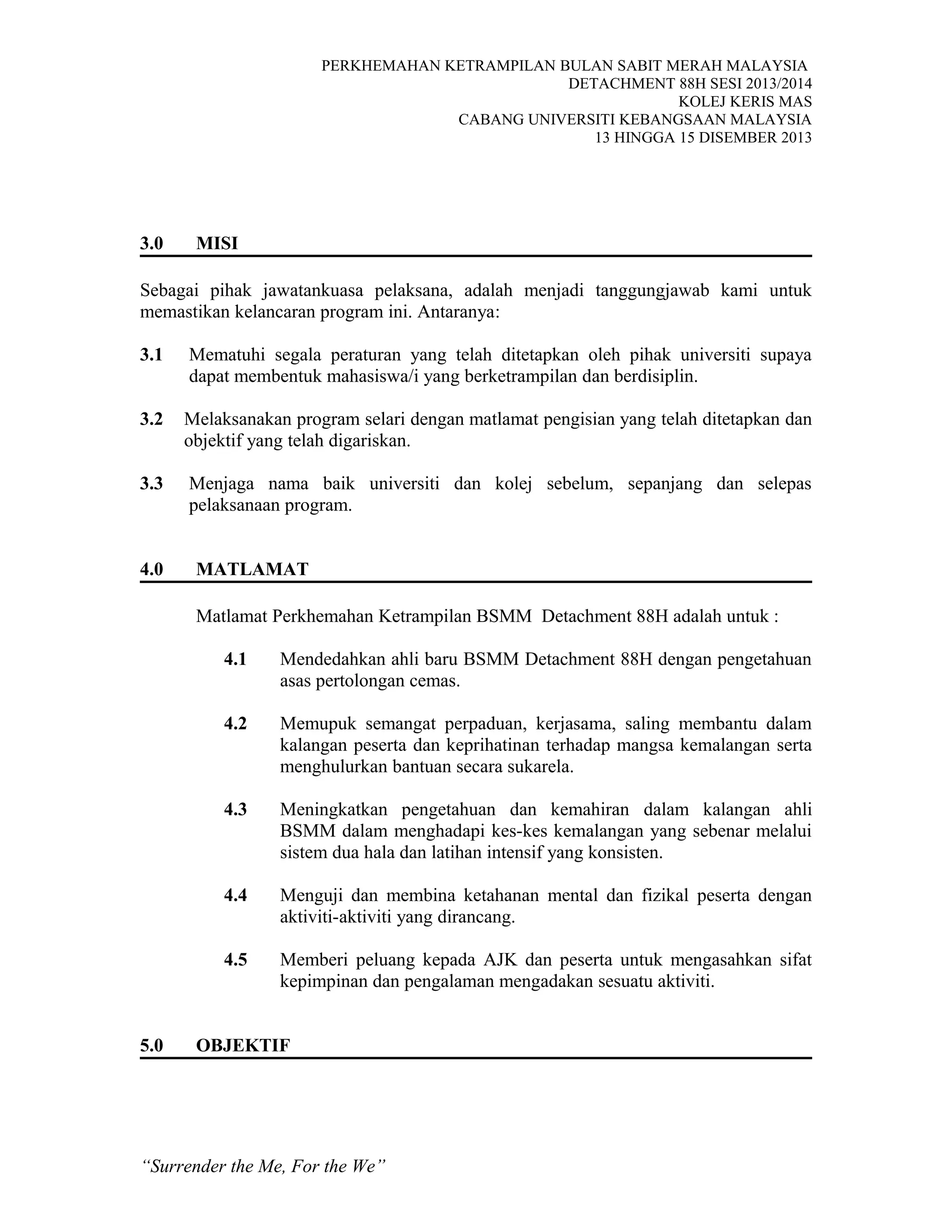 Kertas Kerja Kem Ketrampilan BSMM Kolej Keris Mas sesi 2013/14 | DOC