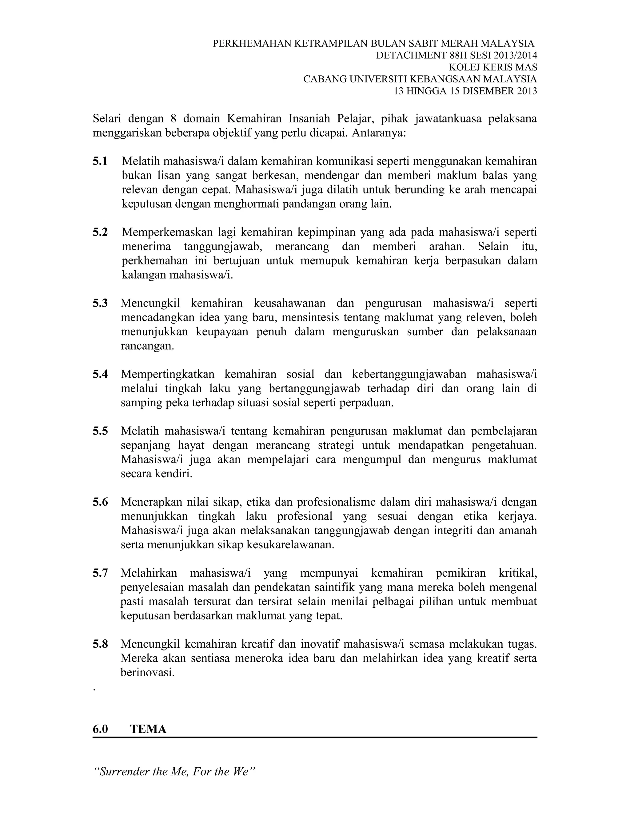 Kertas Kerja Kem Ketrampilan BSMM Kolej Keris Mas sesi 2013/14 | DOC