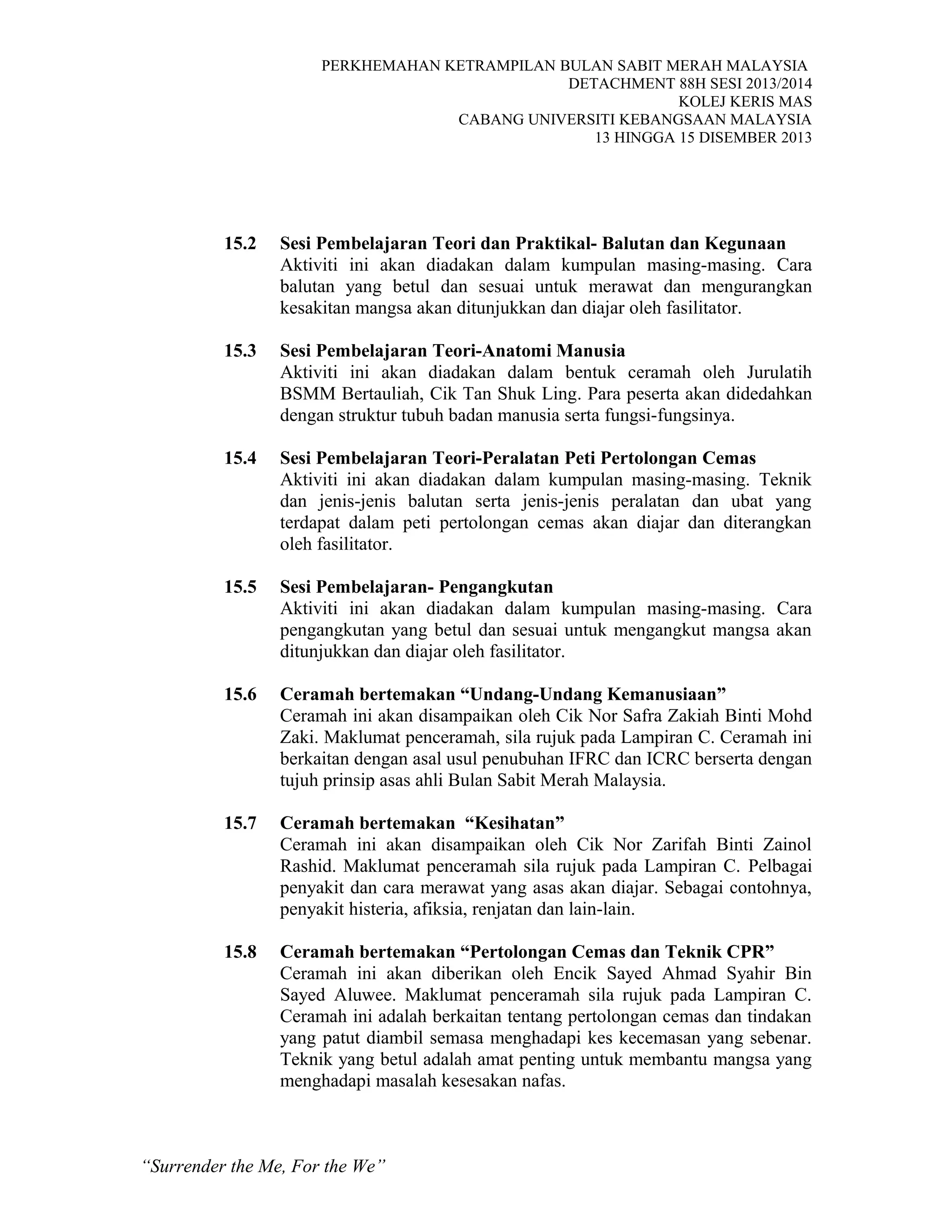 Kertas Kerja Kem Ketrampilan BSMM Kolej Keris Mas sesi 2013/14 | DOC