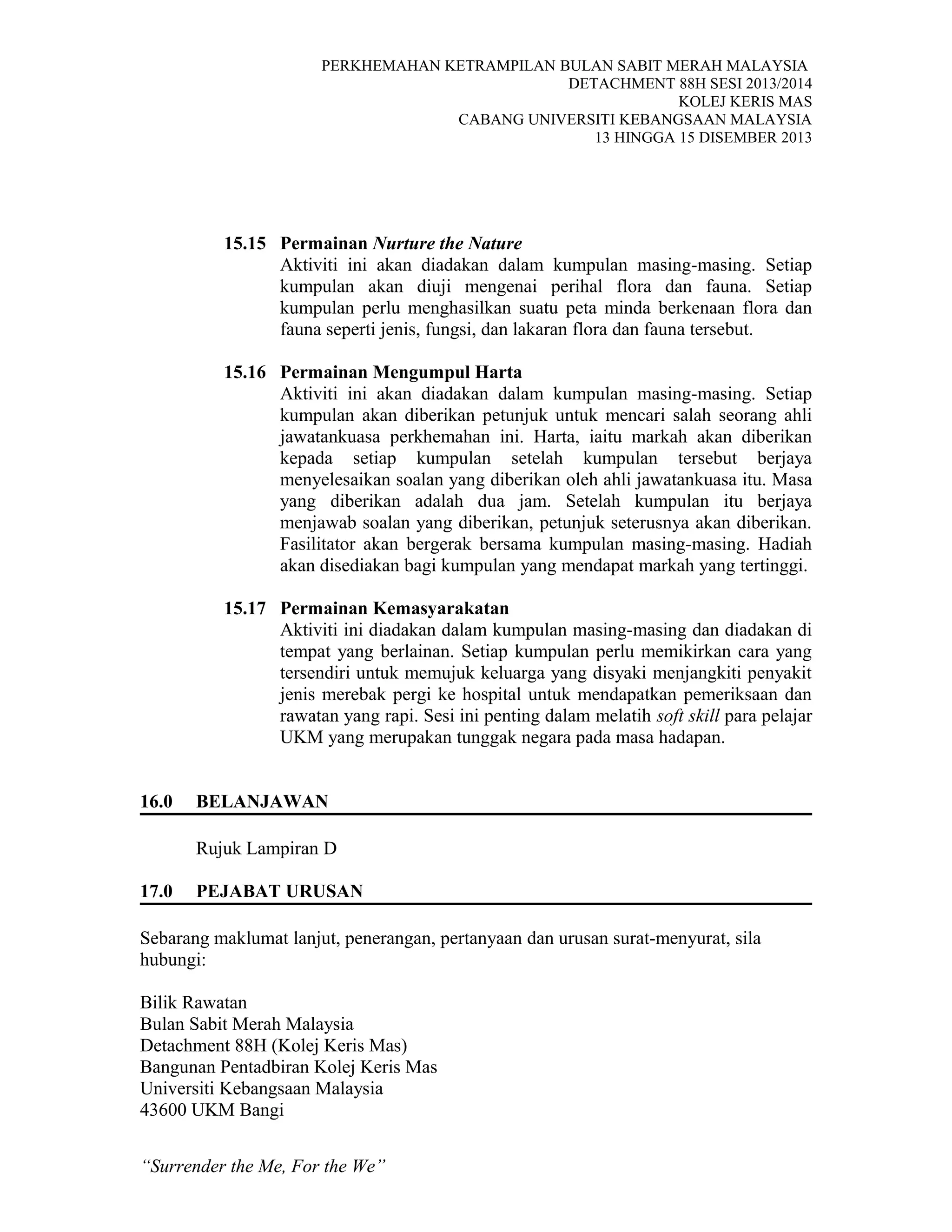 Kertas Kerja Kem Ketrampilan BSMM Kolej Keris Mas sesi 2013/14 | DOC