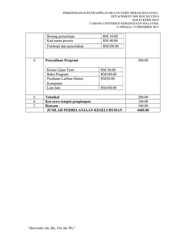 Kertas Kerja Kem Ketrampilan BSMM Kolej Keris Mas sesi 2013/14 | DOC