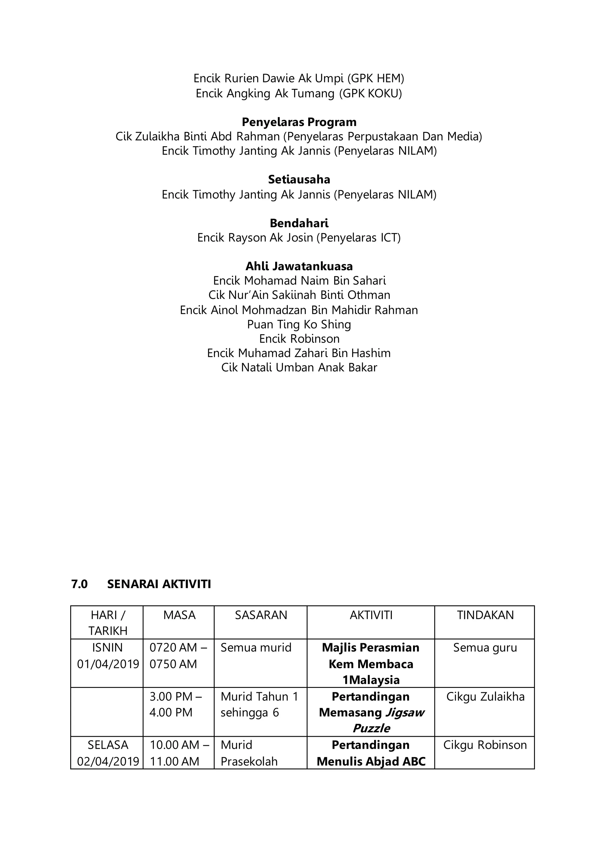Kertas kerja kem membaca 1 malaysia 2019 | DOCX