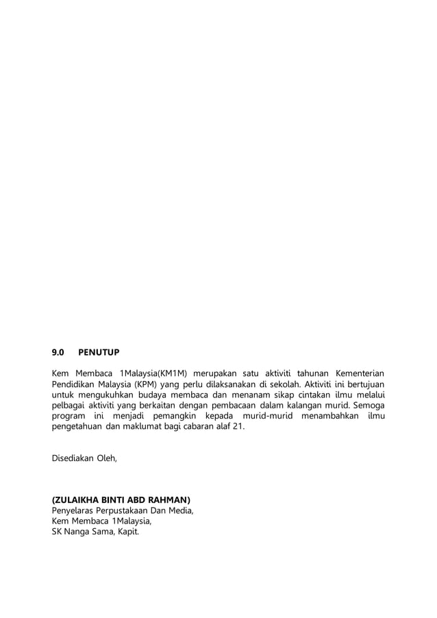 Kertas kerja kem membaca 1 malaysia 2019 | DOCX