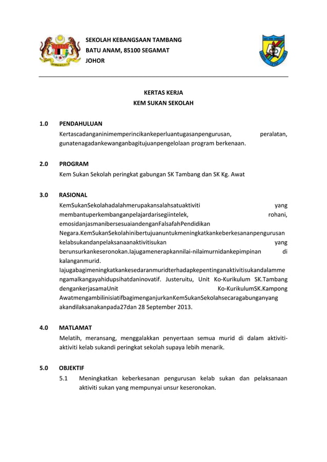 Kertas kerja kem sukan sekolah 2013 | PDF