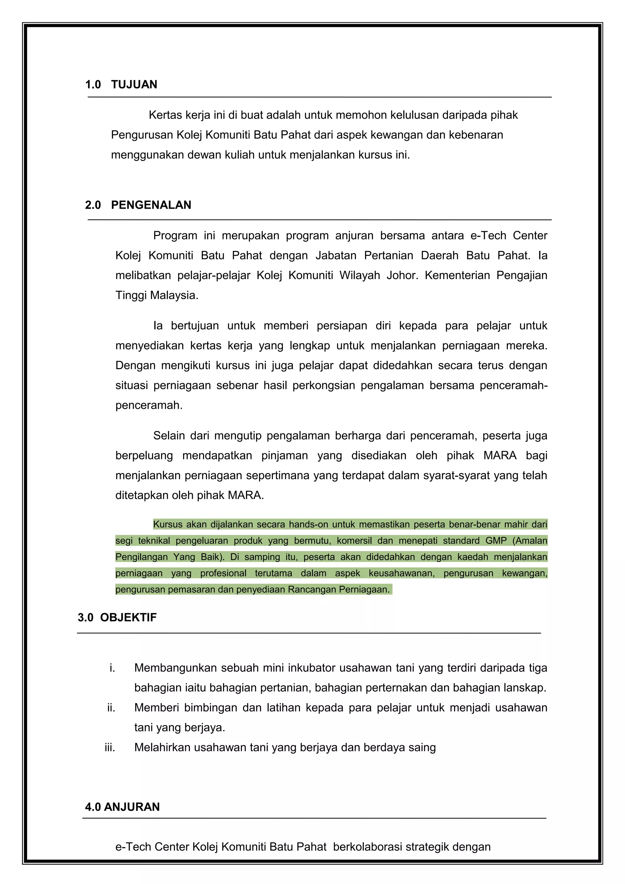 Kertas kerja kursus asas tani | DOC