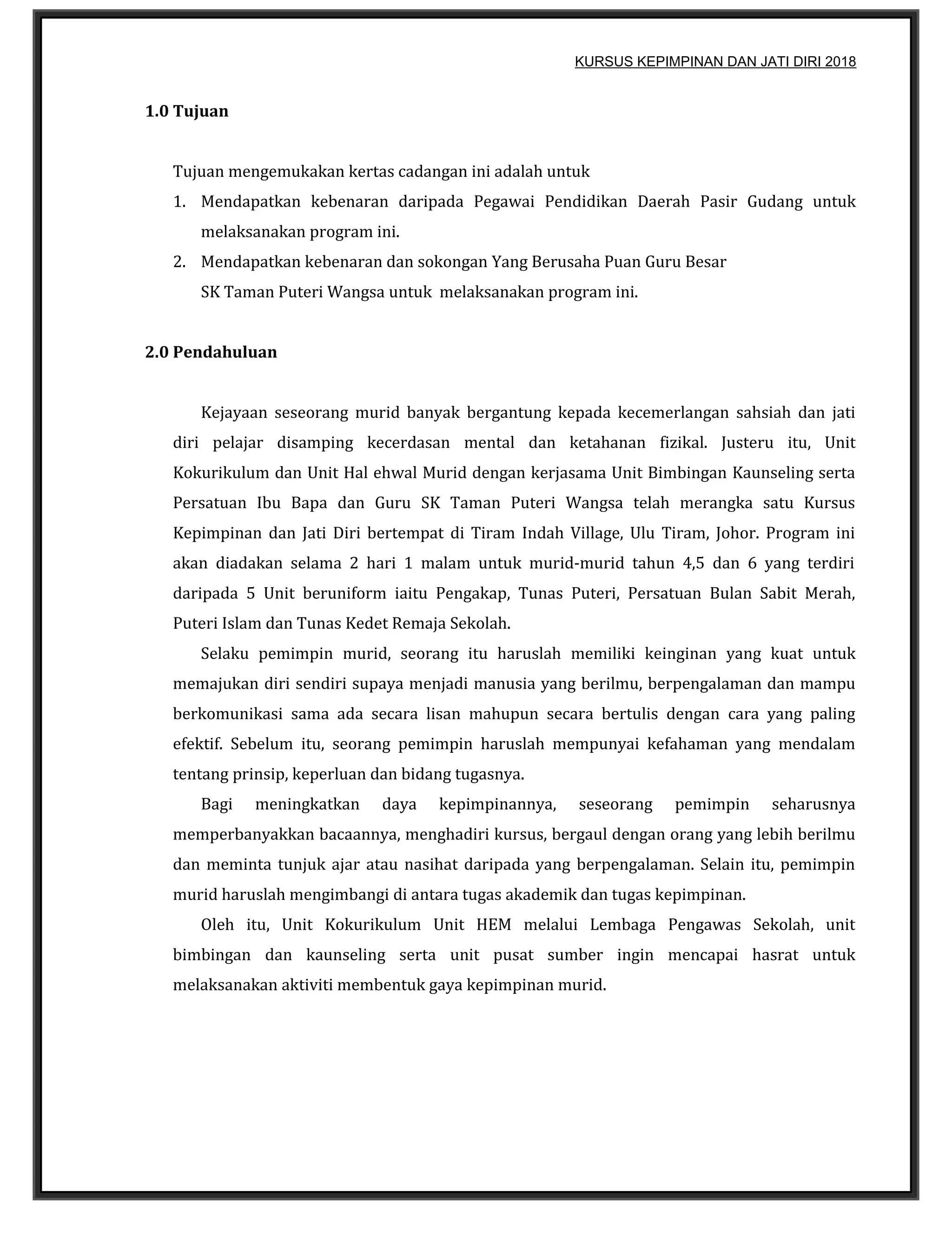 Kertas kerja kursus kepimpinan 2018 | DOC
