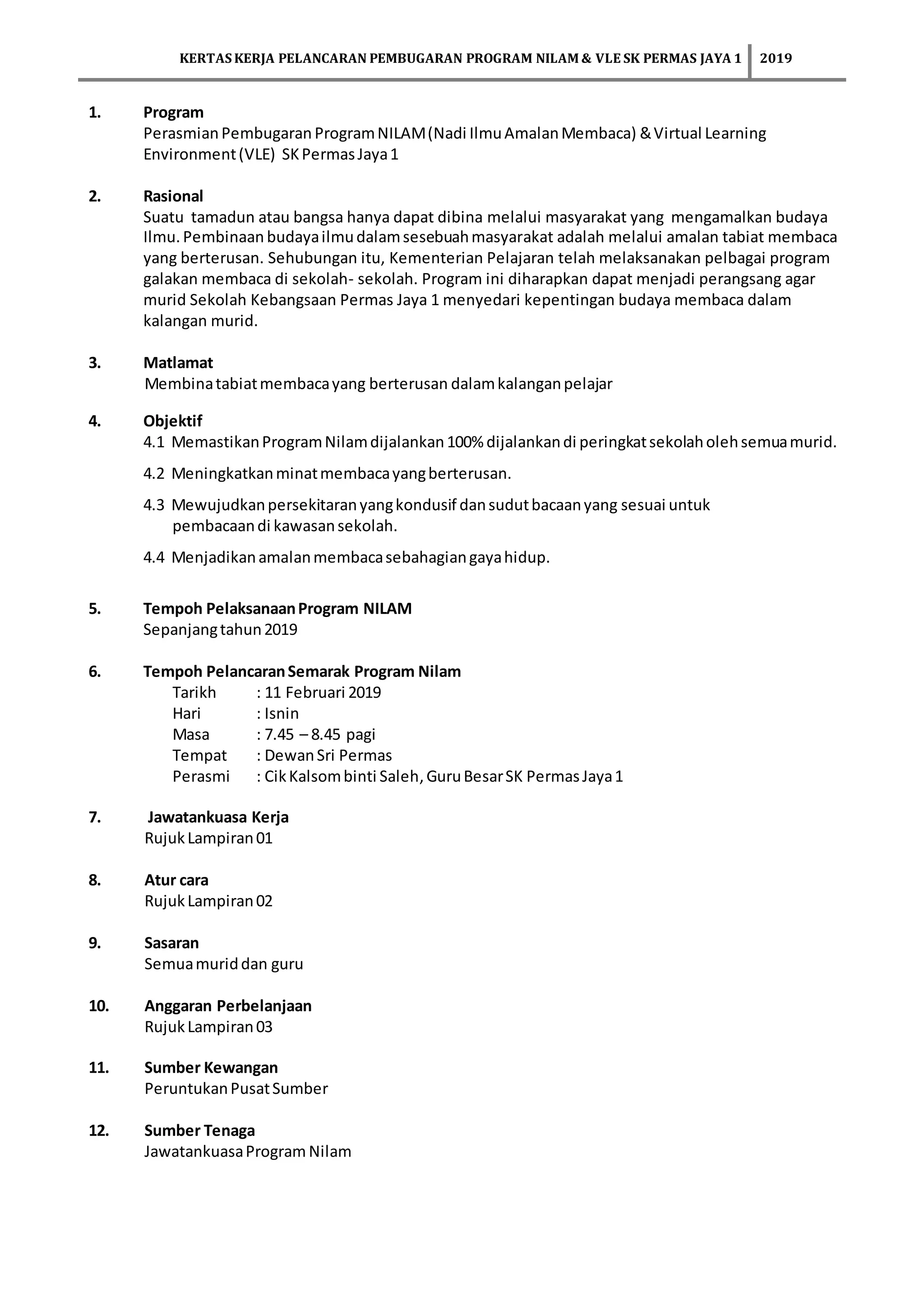 Kertas kerja lancar pembugaran nilam 2019 | DOCX
