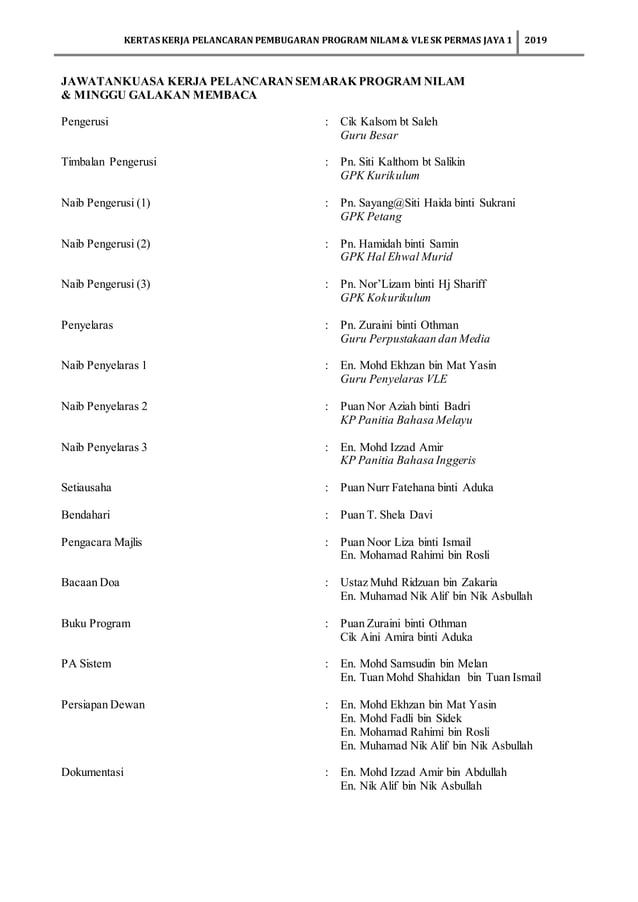 Kertas kerja lancar pembugaran nilam 2019 | DOCX