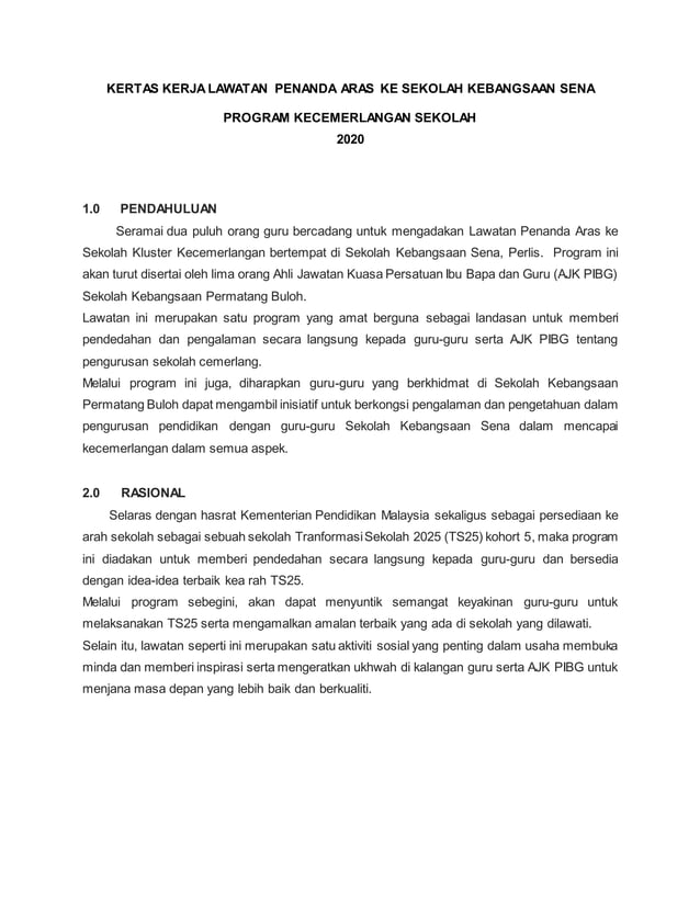 Kertas Kerja Lawatan Penanda Aras 2020 | DOCX