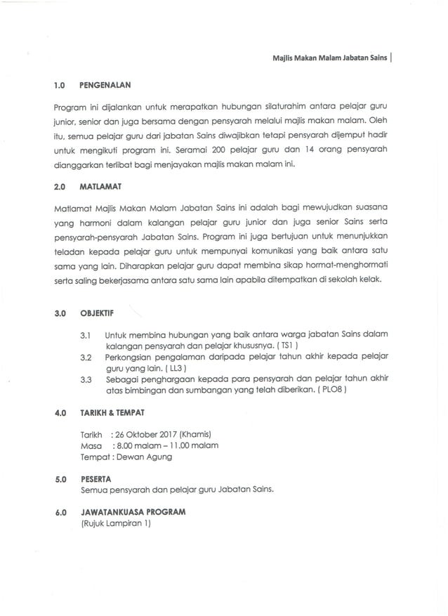 Contoh Kertas Kerja Majlis Makan Malam Jabatan Sains | PDF
